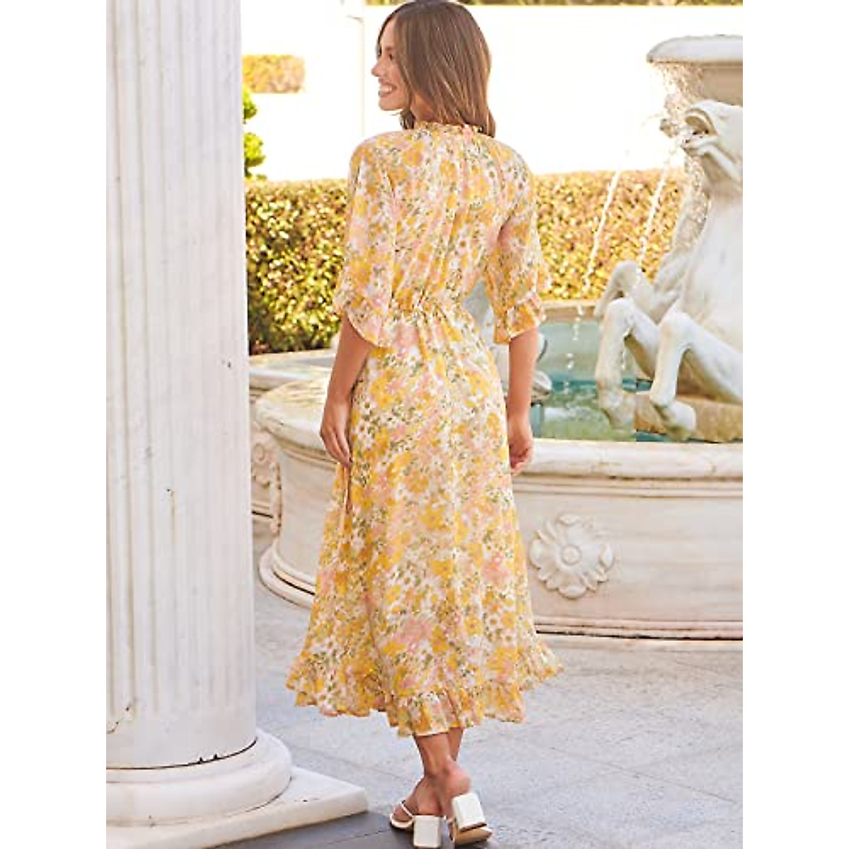 ANRABESS Women's Summer Ruffle Maxi Dress Floral Print 3/4 Bell Sleeve V Neck High Waist Flowy Boho Long Dress 746fenhuang-XL