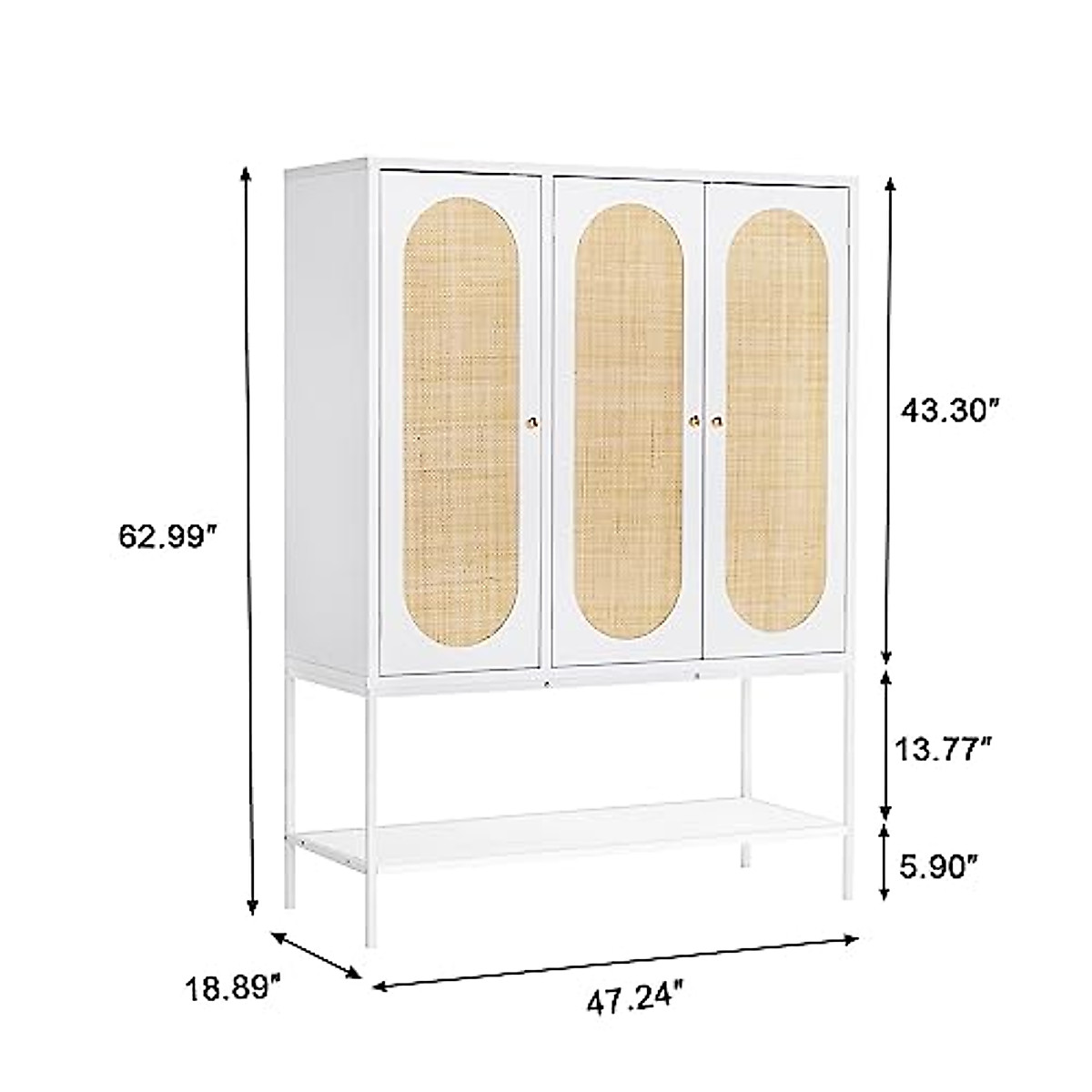 LEVNARY Large Armoire Wardrobe Closet with 3 Doors, Rattan Wardrobe Cabinet with Shelves and Hanging Rail for Clothes, Freestanding Wooden Closet for Bedroom, White (47.24" W x 18.89" D x 62.99" H)