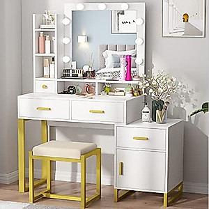 PAKASEPT Makeup Desk with Mirror and Lights, Desk and Chair, Vanity Table Set with Cushioned Stool, Shelves & Drawers, Storage Cabinet for Bedroom, White