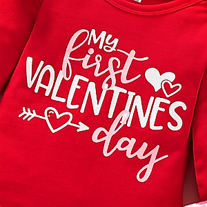 GRNSHTS Baby Girl My First Valentine's Day Clothes Long Sleeve Ruffle Romper Bell-Bottomed Pants 3Pcs Love Heart Outfits(Red,6-9M)