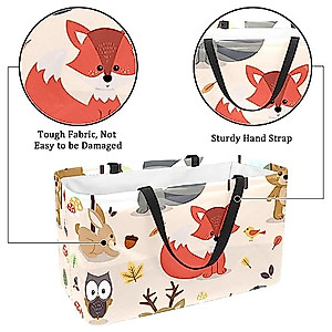 KQNZT Reusable Grocery Bags, Large Foldable Reusable Shopping Tote Bags Bulk for Groceries, Waterproof Kitchen Cloth Produce Bags with Long Handles, Fox Elk Bear Cartoon Animal