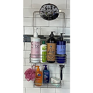 Gecko-Loc 🦎 NEW LONG WIDE Adjustable Length Over the Showerhead Hanging Shower Caddy Organizer - Silver