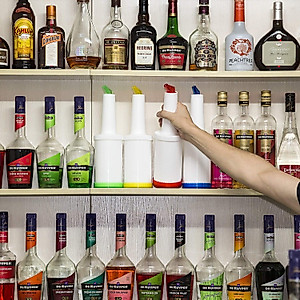 Trendy Bartender Color Coded Flow N Stow Juice Bottles (32oz / 1 Quart, Set of 4) – Commercial Grade Bar Pourers with Spout and Lid for Effortless Mixing, Pouring, and Storage