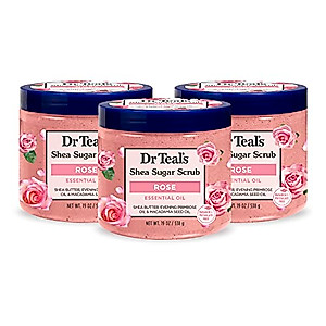 Dr Teal's Shea Sugar Body Scrub, Rose with Essential Oil, 19 oz (Pack of 3) (Packaging May Vary)