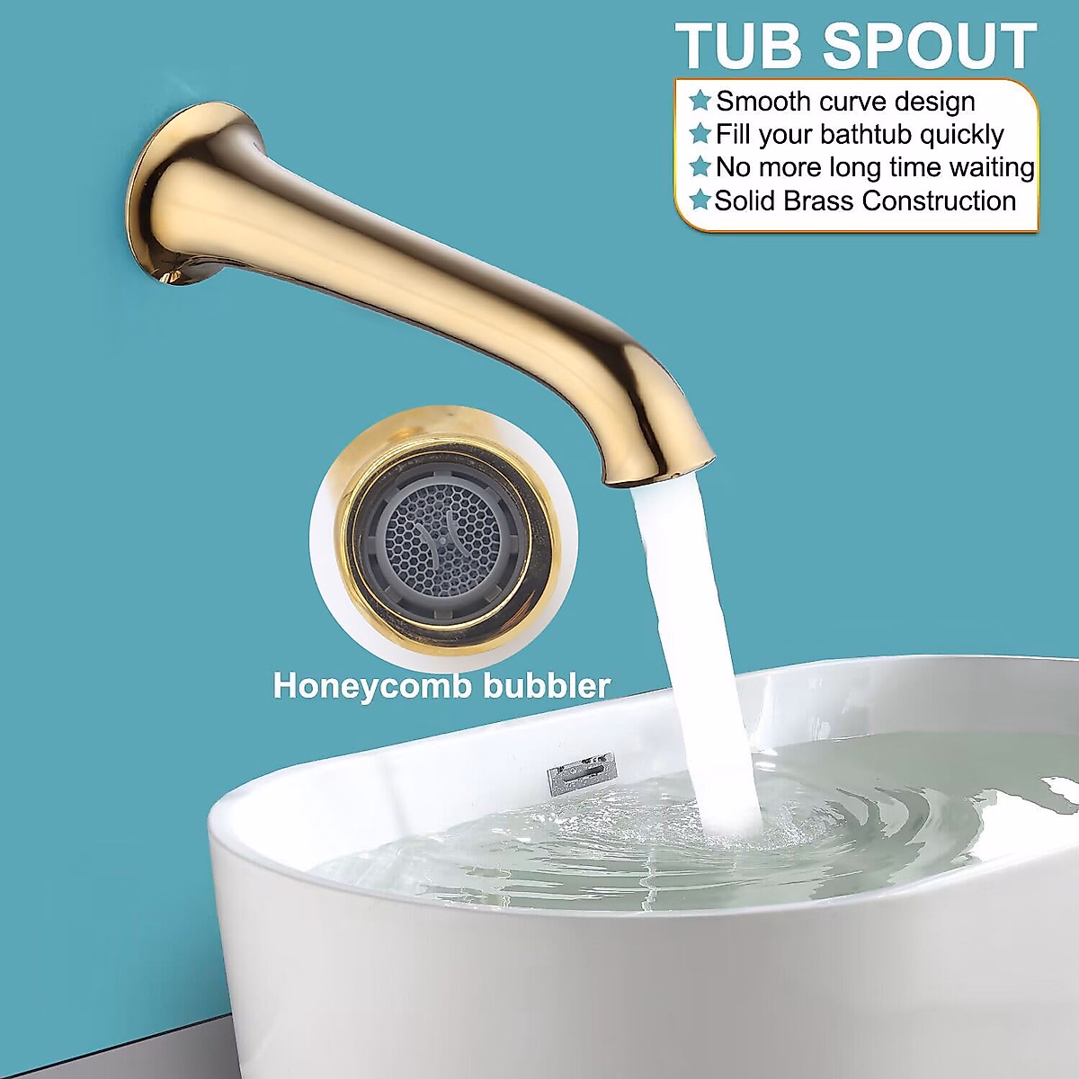 Enga Bright Gold Tub Spout, 8inch Extra Long Bathtub Faucet Wall Mount Brass Non Diverter Tub Filler