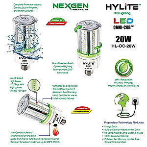 HyLite LED Lighting 20W High Performance LED Omni-Cob Lamp, 360º, (~100W HID), 50K, 3000 lm, 100~277V for Commercial Industrial Lighting Warehouse High Bay Light Fixture Garage Workshop, White