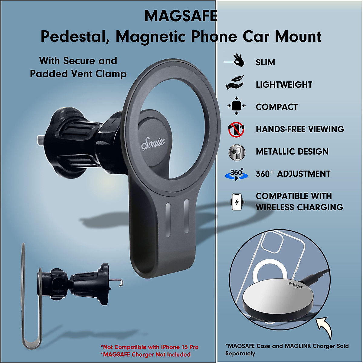MAGNETIC LINK Car Mount, Compatible with MagSafe Cases and MagSafe Wireless Charger for iPhone 15, 14, 13, 12 series, Hands Free Cell Phone Holder with Secure Vent Clip - Graphite