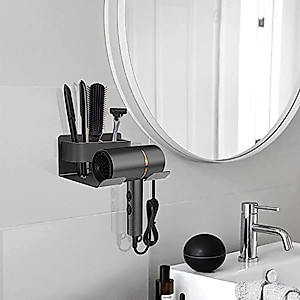 DAZUINIAO Hair Dryer Holder Wall Mounted Self Adhesive Blow Dryer Holder Rack with Plug Hook Aluminum Alloy Bathroom Hair Tool Organizer Compatible with Most Hair Dryers Gray