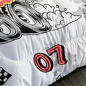 AILONEN Monster Trucks White Comforter Set Twin Size, Cartoon Truck Car Printed Bedding Set for Kids,Boys,Extreme Sports Duvet Set,3-Piece, 1 Quilt and 2 Pillowcases