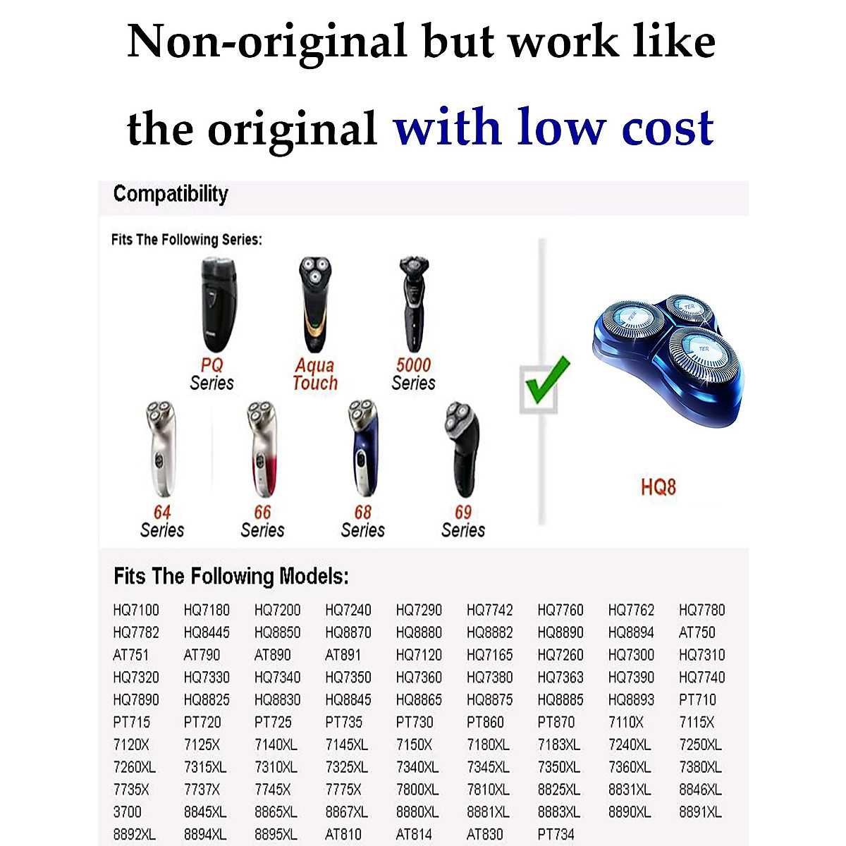 HQ8 Replacement Heads Compatible with Philips Norelco Shavers, HQ8 Heads Upgraded, 6-Pack