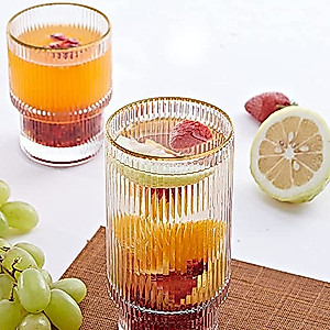 6 Pack 11oz Gold Rimmed Drinking Glasses Origami Style Set of Glass Cups, 6 Highball Glasses, Elegant Ripple Vintage Glassware, Iced Coffee Glasses, Ideal for Wedding, Whiskey, Beer, Cocktail, Juice