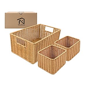 WeeNest Wicker Basket with Handle, Wicker Baskets for Organizing, Shelf Baskets, Shelf Baskets for Organizing, Woven Basket with Handles, Wicker Basket Organizers, Resin Wicker Set of 3, Latte