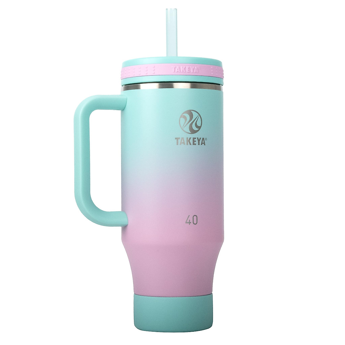 Takeya Straw Tumbler with Handle - Beverage Tumbler for Coffee, Water & More - Durable Tumbler with Built-In Silicone Coaster & 2 Straws - Double Stainless Steel Insulation - 40 oz, Ombre Dream