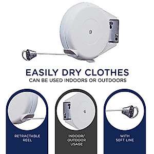 Strata Heavy Duty Retractable Clothesline Outdoor & Indoor - Portable Wall Mounted, 50 ft Single Cable Retractable Laundry Line for Wet & Dry Clothes
