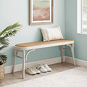 Linon White Bentwood Natural Woven Rattan Seat Hank Bench, White & Natural