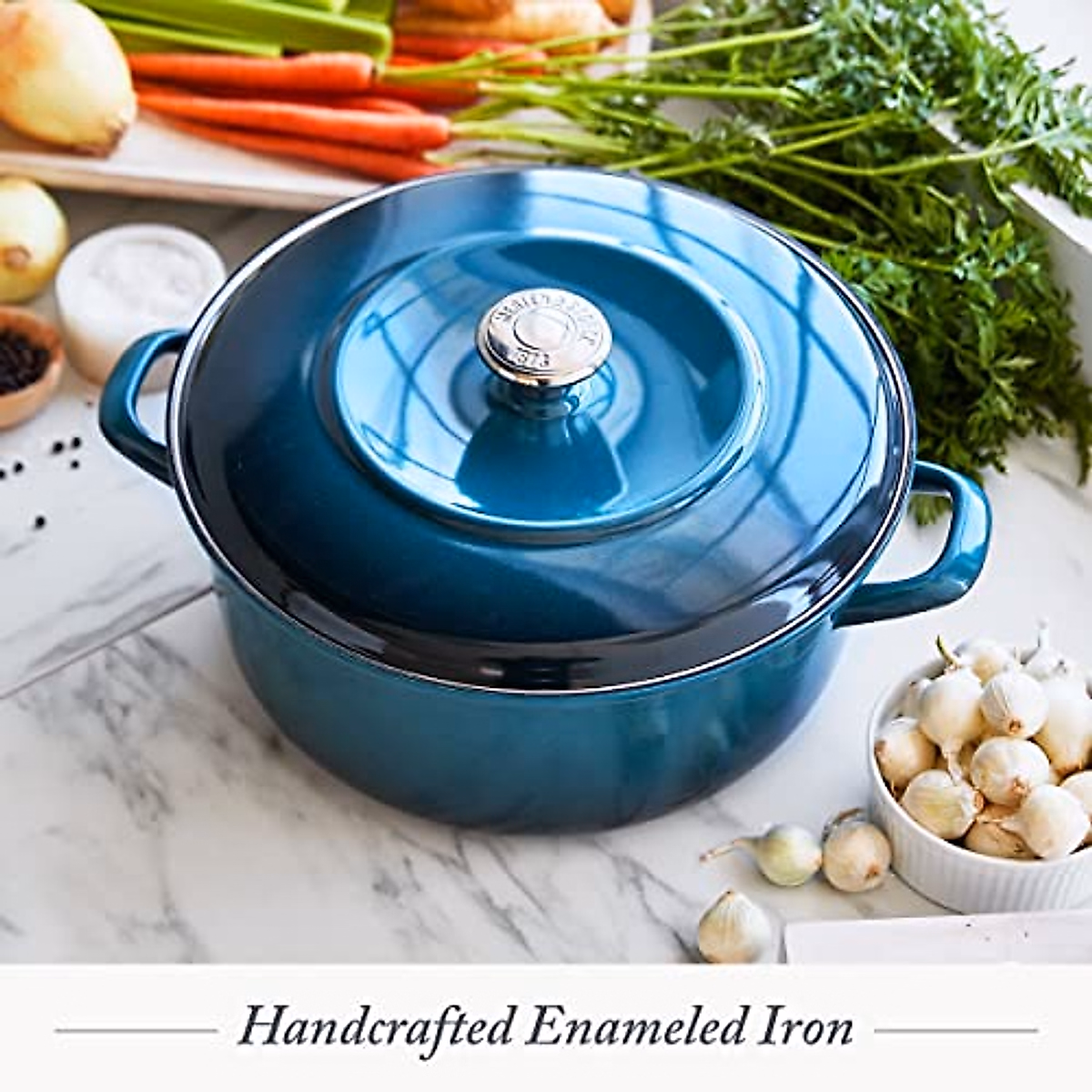 Merten & Storck German Enameled Iron, Round 5.3QT Dutch Oven Pot with Lid, Aegean Teal