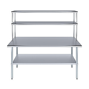 24" x 72" Stainless Steel Work Table with 12" Wide Double Tier Overshelf | Metal Kitchen Prep Table & Shelving Combo