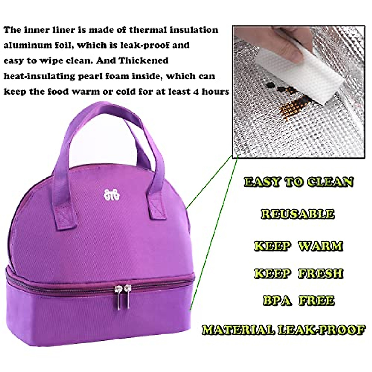Lovyan Insulated Lunch Bag Double Layer Simple Bento Cooler Bag Waterproof Lunch Handbag for Women Men Adult Picnic Work Hiking Beach (Purple)