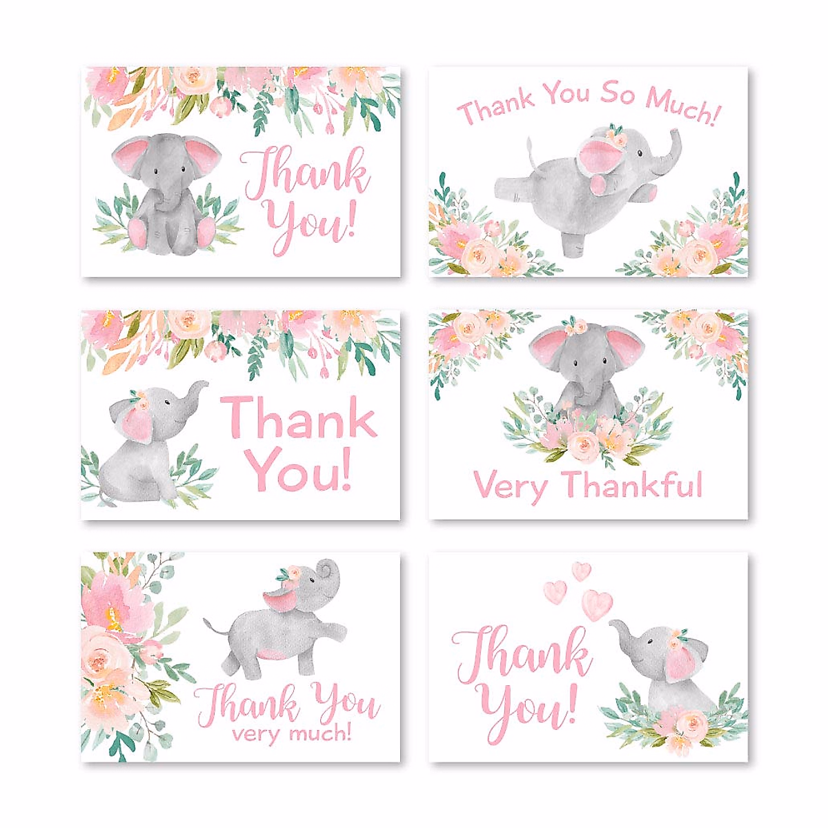 Hadley Designs 24 Pink Floral Elephant Baby Shower Thank You Cards With Envelopes, Kids Thank You Note, Vintage Animal 4x6 Varied Gratitude Card Pack For Party, Modern Event Stationery
