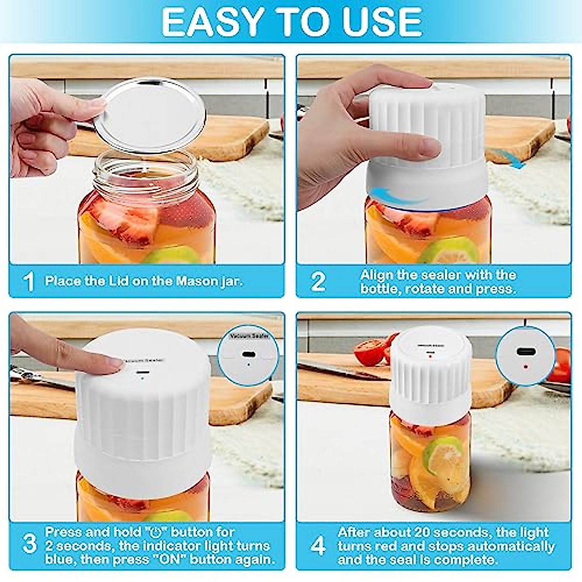 Electric Mason Jar Vacuum Sealer, All in One Vacuum Sealer for Jars Canning Sealer with Indicator Light Fits Wide-Mouth & Regular-Mouth Mason Jars, Handheld Vacuum Pump Includes 12 Jar Lids - White