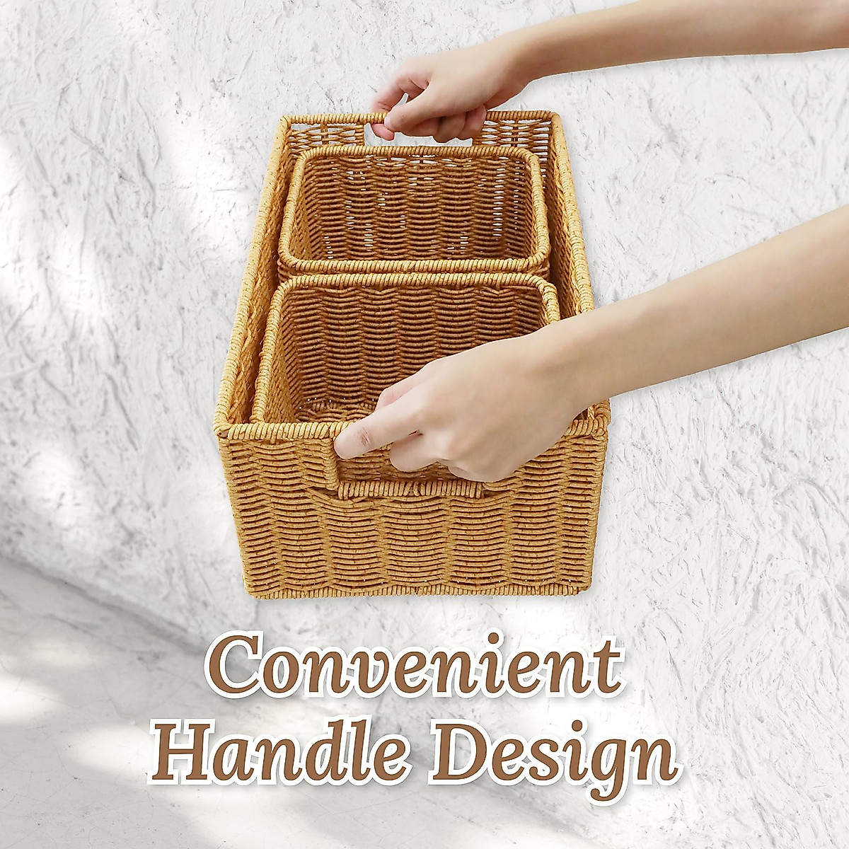 WeeNest Wicker Basket with Handle, Wicker Baskets for Organizing, Shelf Baskets, Shelf Baskets for Organizing, Woven Basket with Handles, Wicker Basket Organizers, Resin Wicker Set of 3, Latte