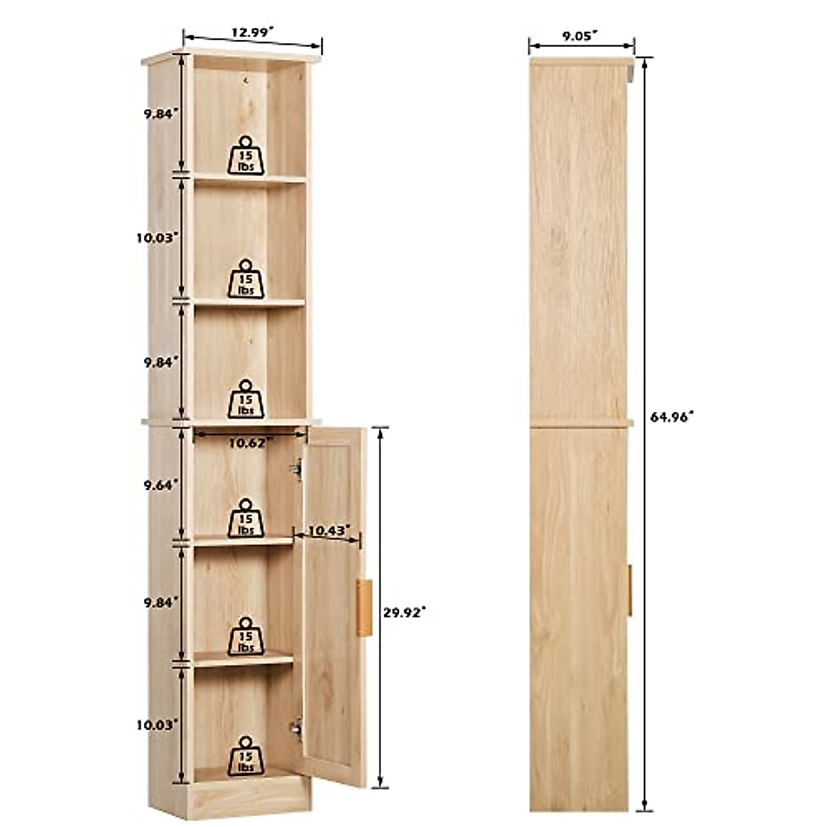 FUQARHY 65'' Tall Bathroom Storage Cabinet Organizer Wood Slim Floor Freestanding Cabinet Linen Tower with Door & 6 Shelves, w/Adjustable Shelves for Home, Bathroom, Kitchen (Natural)