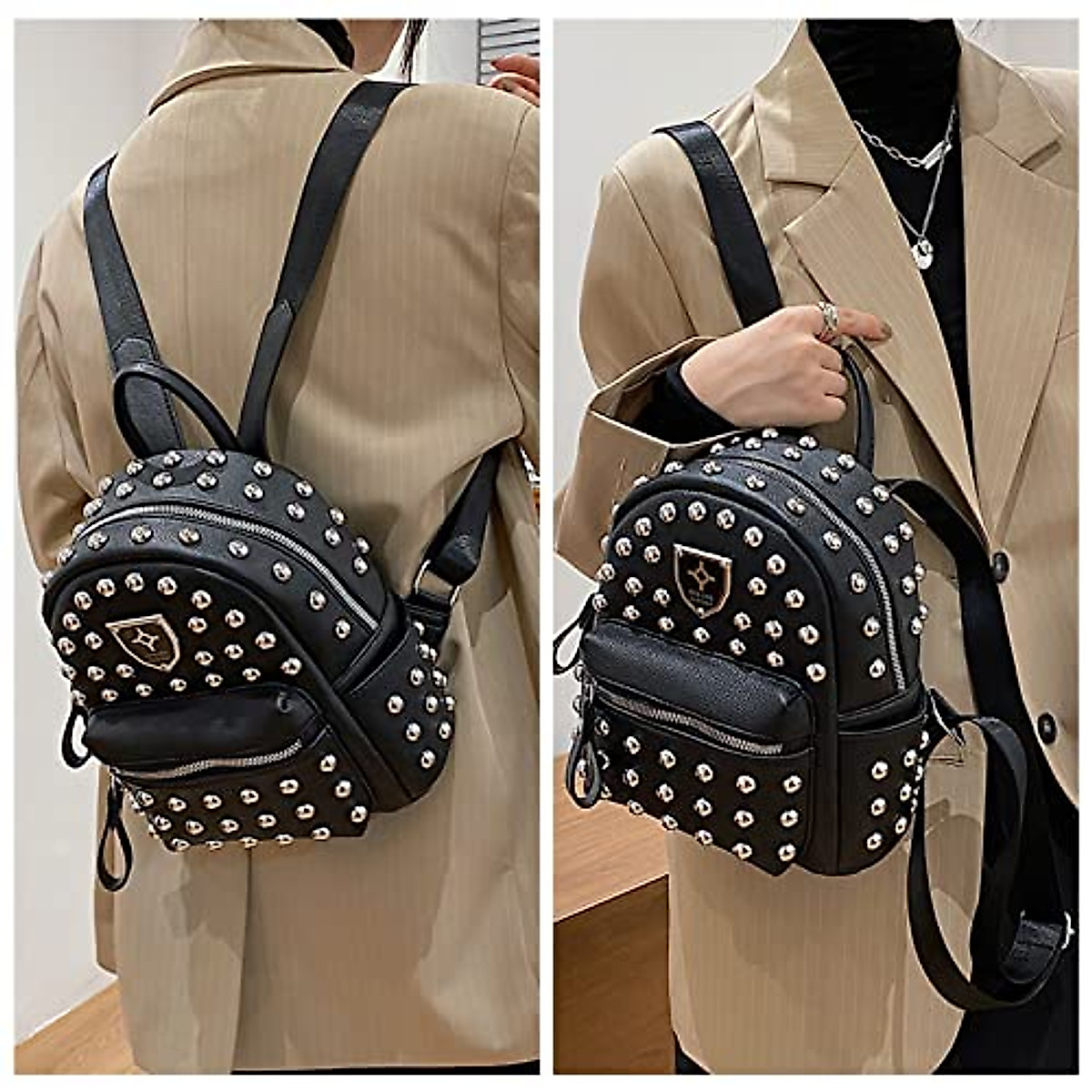 GEEMONT Women Small Backpack Rivets Studded Leather Purse Gothic Daypack Satchel Multipurpose Tote Handbag (Black)