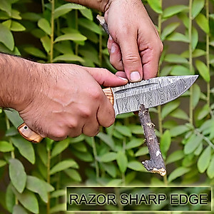 BG Knives Handmade Damascus Steel Hunting Fixed Blade Knife With Leather Sheath, Olive Wood Handle - 9.75" Length Full Tang Multipurpose Knife K-152