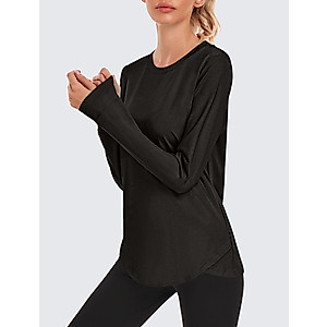 PINSPARK Long Sleeve Workout Tops for Women Yoga Shirts Crewneck Athletic Gym Running Sport Casual T-Shirt Black X-Large