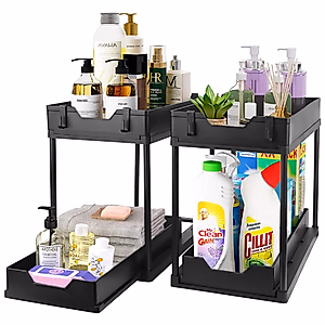 Under Sink Organizer, Sliding Cabinet Basket Organizer 2 Tier Under Bathroom Storage Rack with Hooks, Multi-purpose Storage Shelf for Bathroom Kitchen (White, 2 Pack)