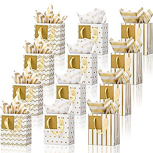 12 Pcs Small Gift Bags Mini Metallic Paper Bags with Handle Tag and Tissue, Wrap Bag for Birthday Wedding Christmas Holiday Baby Shower, 4 x 2.8 x 4.5 Inch (White Gold)