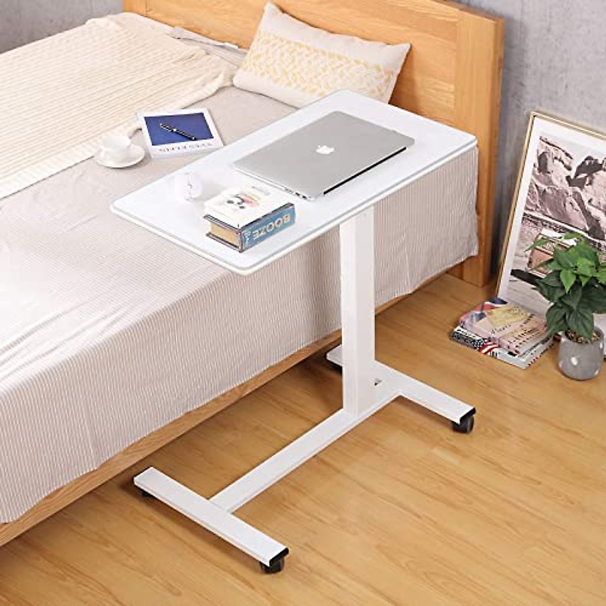 TigerDad Pneumatic Adjustable Overbed Table with Gas Spring Riser | Medical Adjustable Bed Side Table with Wheels | Portable Standing Desk for Laptop Computer with Large Work Space 30.7"x 17"