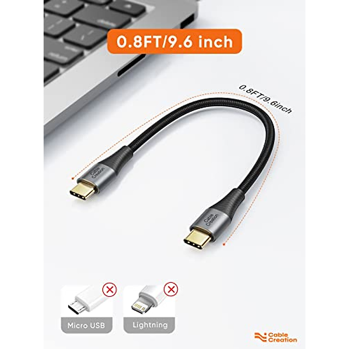 CableCreation Short USB C to USB C Cable, Type C Fast Charging USB C Cable 0.8FT, Double-Braided Exterior Compatible with Galaxy S22 Ultra S22 S21 S20 Note 20, MacBook, iPad Mini 6, iPad Pro 2020