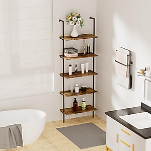 Dosker Bookshelf 5-Tier Industrial Ladder Shelf,Brown Shelves Wall Mounted Bookshelf Open Storage Rack Display Shelf Plant Stand for Living Room Kitchen Home Office Bedroom