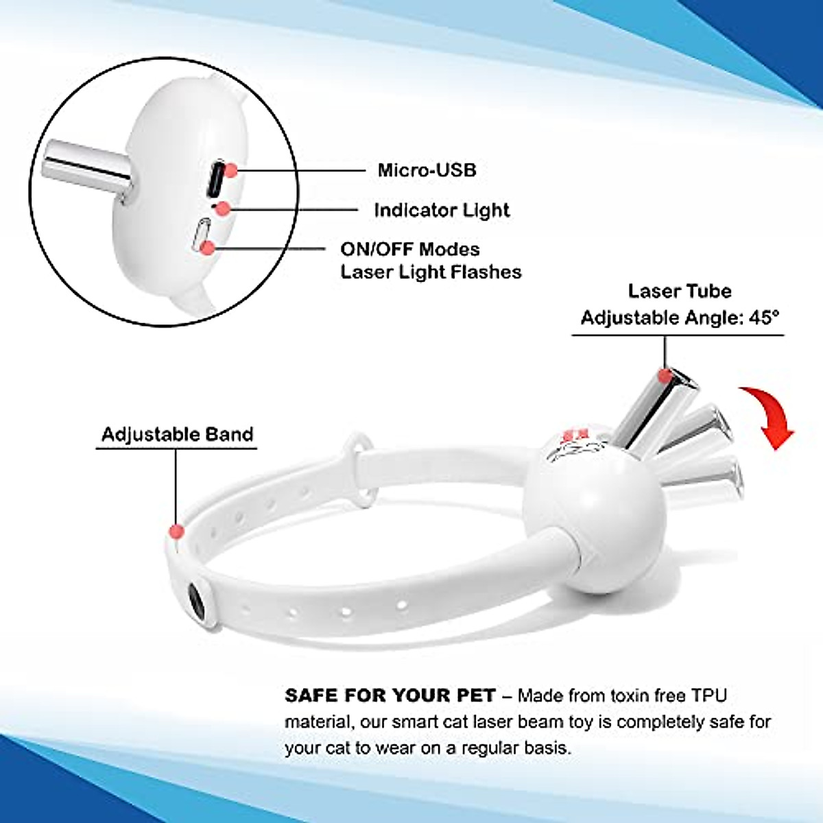 Laser Cat Toy Collar – 2 Adjustable Modes – 15 Minute Standby Shut Off – Rechargeable Micro-USB – Fits Cats and Kittens 200mm to 310mm Neck by Redeye Goods (LM2201)