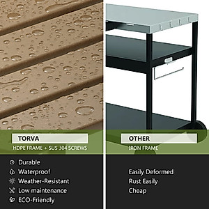 TORVA Outdoor Prep Grill Carts, 303 Stainless Steel Tabletop with High Load Capacity Portable BBQ Table, HDPE Durable Frame 2-Tier Storage Cart, Wood