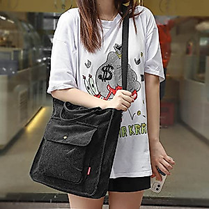 Etercycle Crossbody Bag for Women, Corduroy Tote Bag Casual Shoulder Handbags Big Capacity Shopping Bag with Zipper and Outer Pocket (Black)