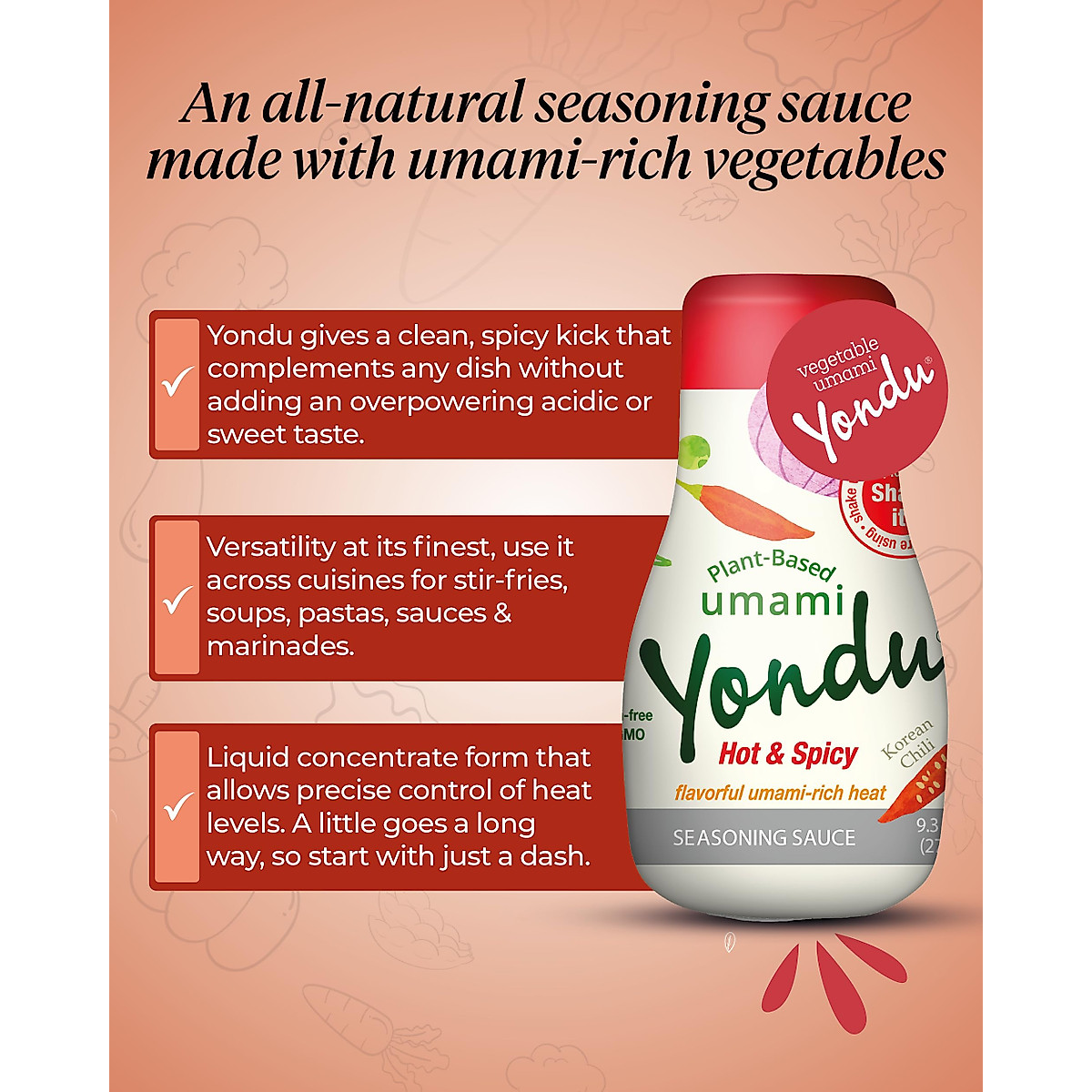 Yondu Hot & Spicy - Plant-Based Spicy Seasoning Sauce – Flavorful umami rich heat to awaken your palate. Better Than: Fish Sauce, Soy Sauce, Bouillon (9.3 Fl oz)