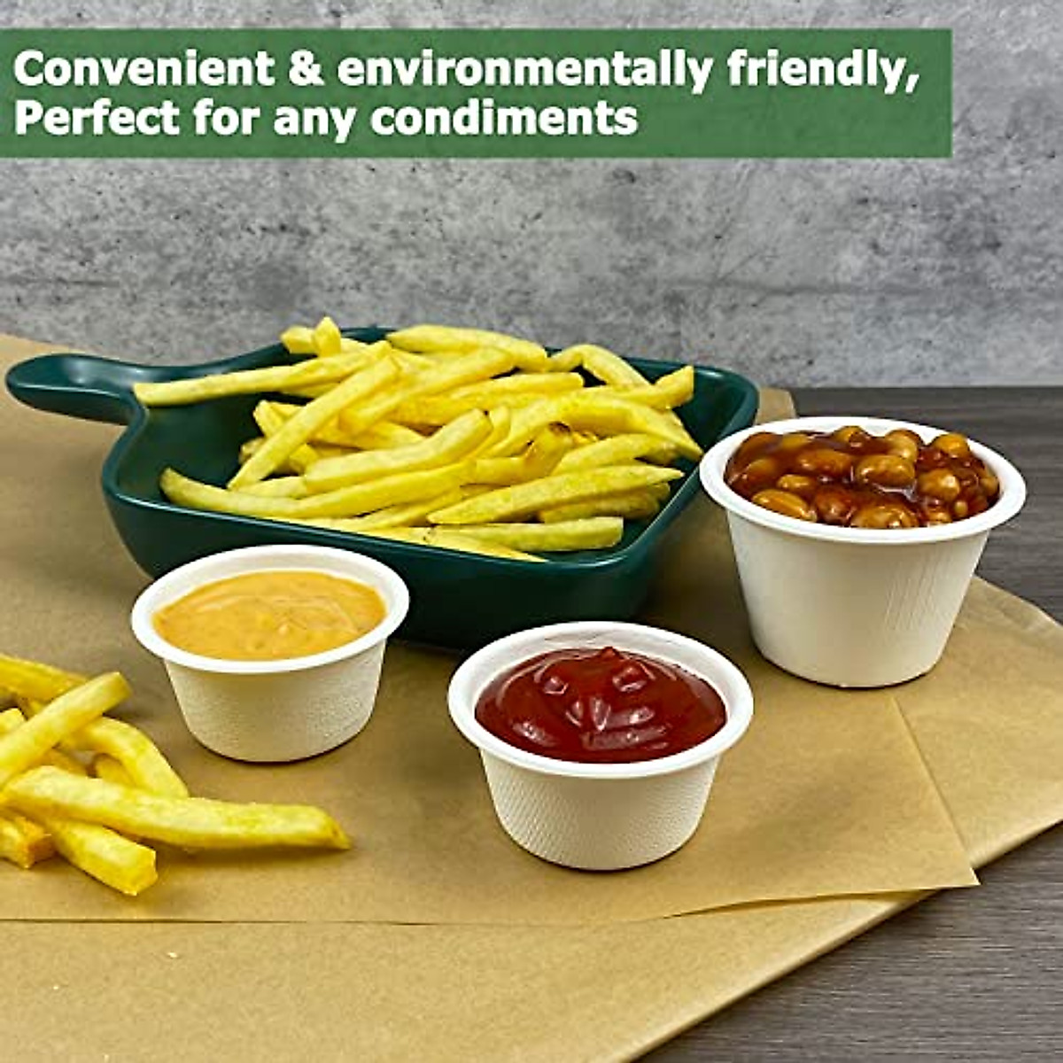 CAMKYDE 2 oz Disposable Bagasse Fiber Souffle Cups 100pk, 100% Natural Biodegradable Compostable Condiment Cups Sample Cups Tasting Cups (White, Pack of 100)