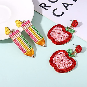 2/3Pairs Teacher Earrings for Women Beaded Pencil Dangle Earrings Statement Apple Book Drop Earrings Teacher Appreciation Gifts Back To School Jewelry Set (2 Pairs 4)