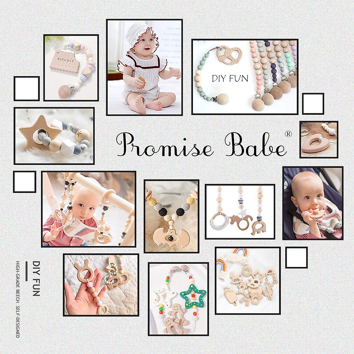 Promise Babe Wooden Baby Toys 11pc Bird Elephant Wood Montessori Toys Organic Infant Handmade Pendant Rings Set Shower GIFT