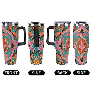 YTLKGFP 40 Oz Large Capacity Car Cup Colorful Bohemian Patterns Tumbler with Handle (Black) Straw Lid Insulated Stainless Steel Water Bottle Travel Mug Leak-proof Car Cup Keeps Cold Or Hot