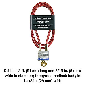 Master Lock 719D Steel Cable with Integrated Outdoor Padlock with Key, 1 Pack, Silver, 3' Long x 3/16' Diameter