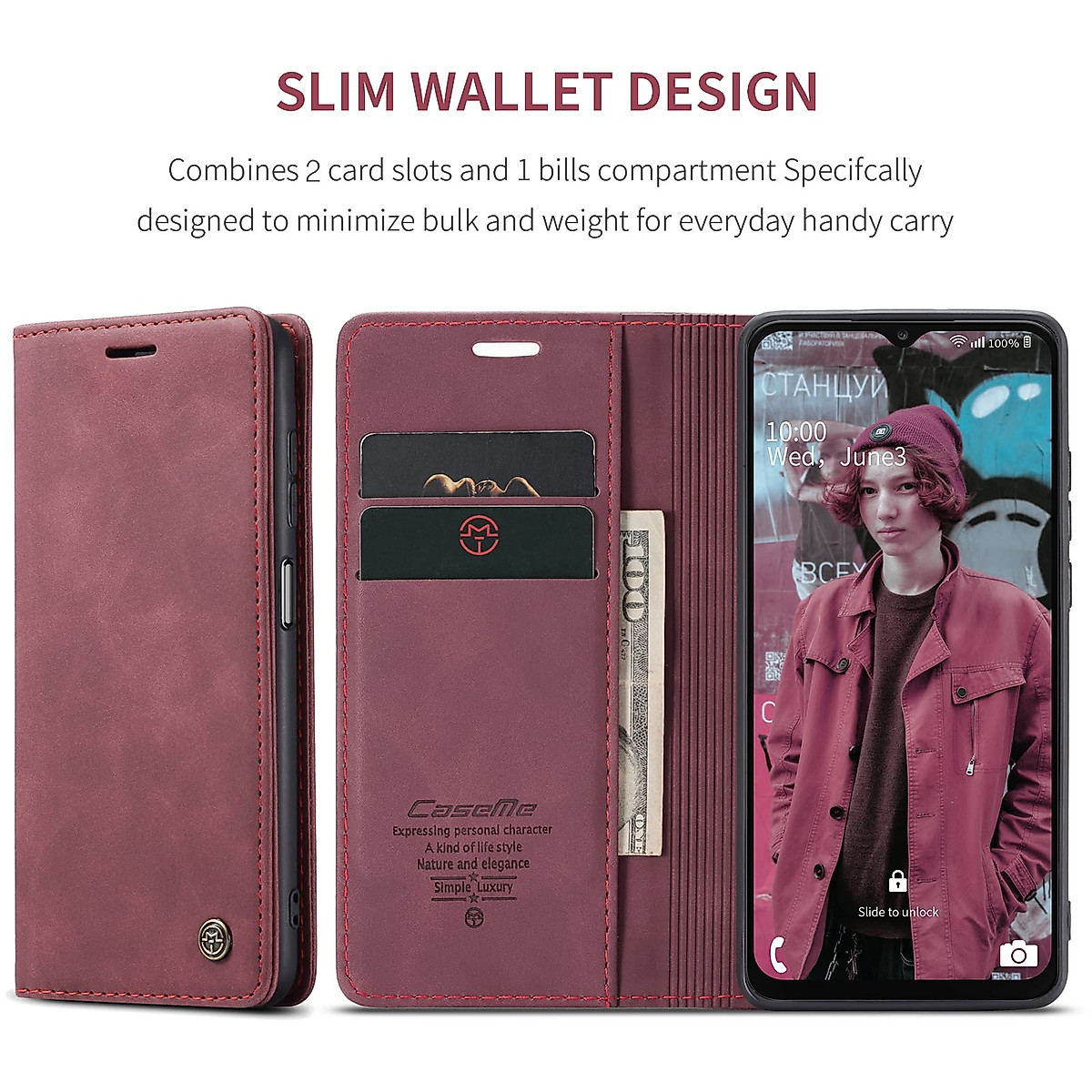 FCOZCKLOM Compatible with Samsung Galaxy A23 Wallet Phone Case with Card Holder Kickstand Protective Flip Folio Leather Case Wallet for Samsung Galaxy A23 6.6 inch (Wine Red)