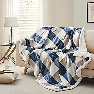 Gracelife Sherpa Throw Blanket 60”x80”, Plaid Warm Cozy Throw Blankets for Sofa, Couch, Bed, Reversible Throws Fluffy Plush Flannel Fleece Blankets and Throws for Adults Women Men, Gray-Soft Blue