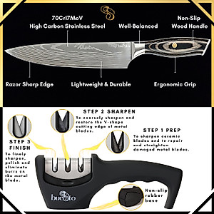 BUESTO Professional Chef Knife - 7cr17mov HC Japanese Knife - 8'' Kitchen Knife - Chefs Knife with Knife Sharpener - Ergonomic Handle Sharp Knife - Unique Gifts for Men and Women - Premium Gift Box