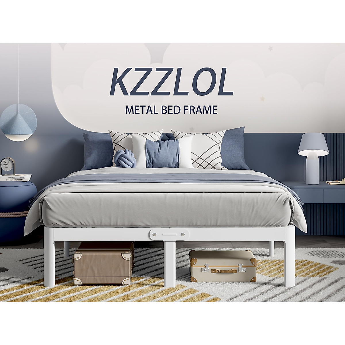 KZZLOL White Bed Frame Queen Size 16 Inch, Metal Queen Bed Frame No Box Spring Needed, Heavy Duty Steel Support 3500 LBS, DIY Headboard, Noiseless, Round Corner Legs, Storage Space, Easy Assembly