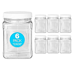 Plastic Jars (32 Fl Ounce - 6 Pack) Square Grip Handle | Clear PET Empty Jar Container Sets with Ribbed White Airtight Lid | Food Storage, Supplies, Snacks, Detergent, Kitchen & Household Storage