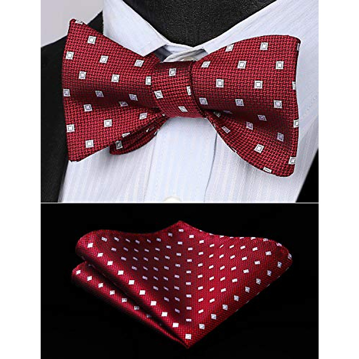 HISDERN Mens Bow Ties Red Polka Dots Self-Tie Bow Tie and Pocket Square Classic Formal Business Bowtie Tuxedo Wedding Bowties Handkerchief Set