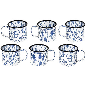 Red Co. Set of 6 Enamelware Metal Small Classic 5 Oz Round Coffee and Tea Mug with Handle, Navy Blue Marble/Black Rim – Splatter Design
